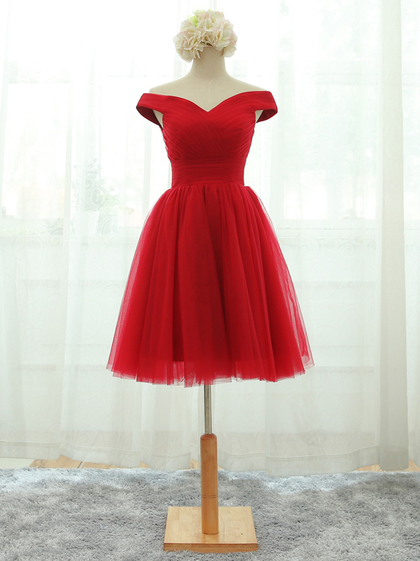 Red Off-the-shoulder Ruched Short Tulle Homecoming Dress Featuring Lace ...