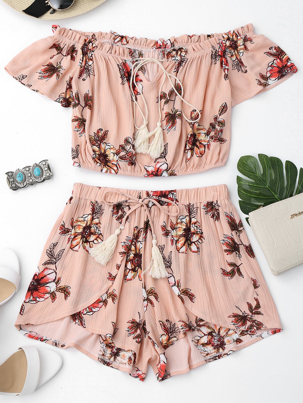 Floral Off Shoulder Ruffles Top And Tulip Shorts - Shallow Pink S on Luulla